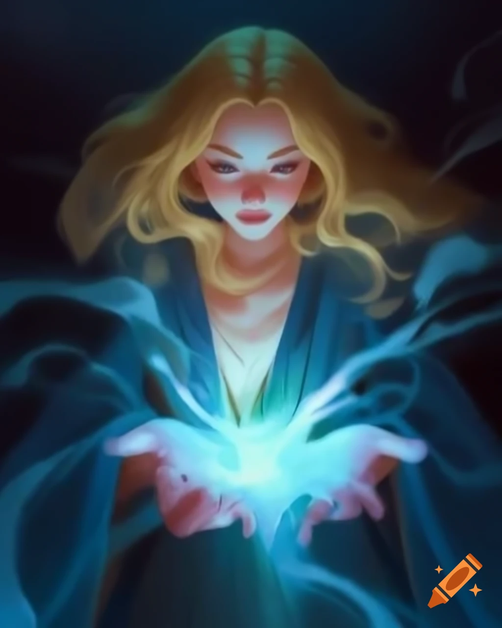 Young woman with long blonde hair levitating surrounded by magical ...