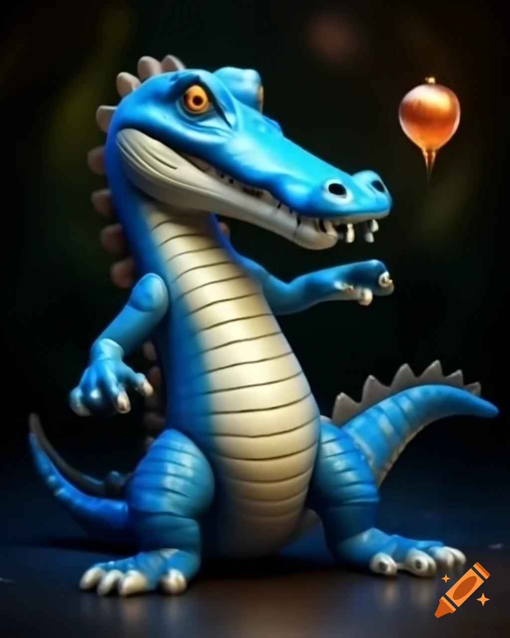 Vibrant blue and white alligator humanoid performing agile dance moves ...