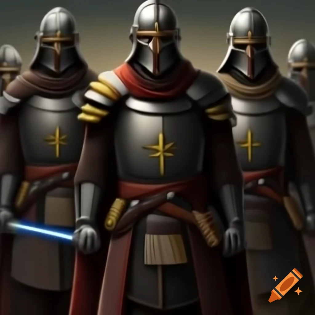 Fusion character of Templar knight in Saiyan armor with sword, inspired by Obi-Wan Kenobi on Craiyon