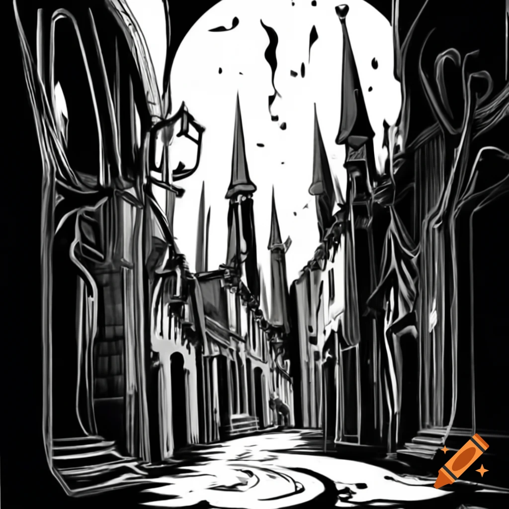 Monochromatic pen and ink drawing of gothic buildings in narrow ...