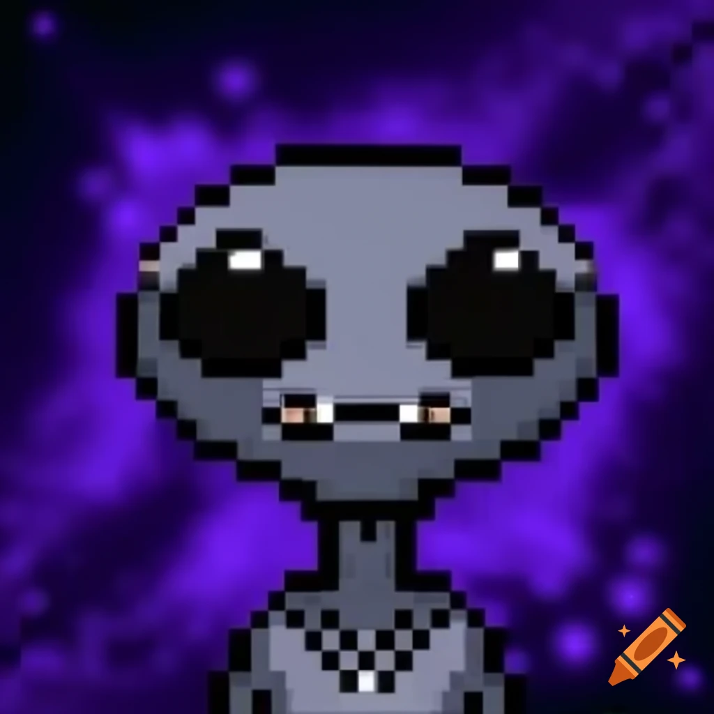 Pixel art of gray alien with large black eyes against ultraviolet ...
