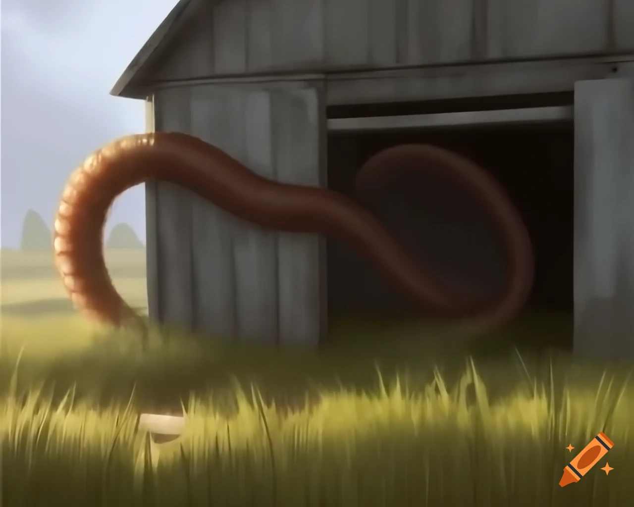 Giant earthworm-like creature emerging from dry earth before a barn ...