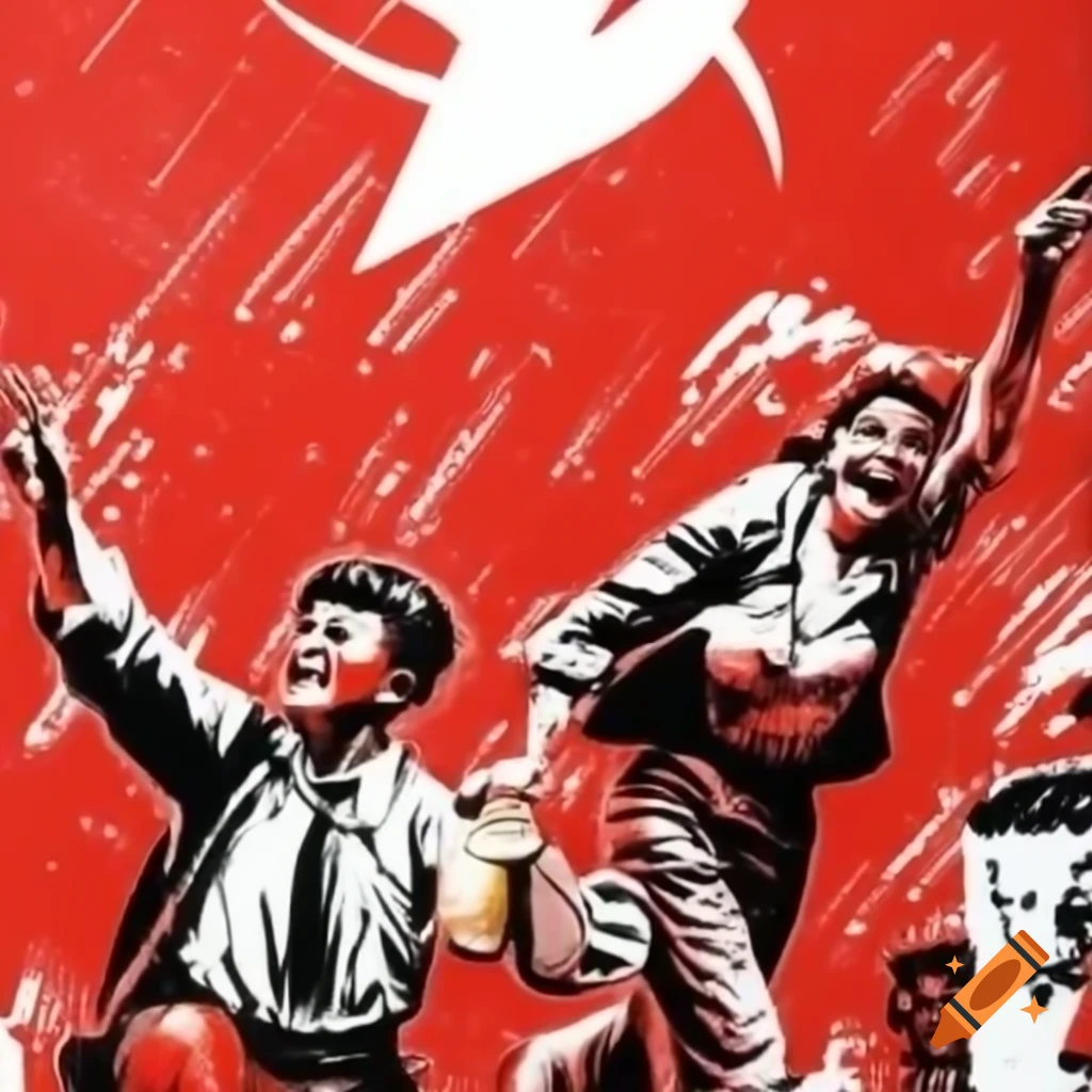 1960s Soviet propaganda poster depicting joy with red paint splashes on ...