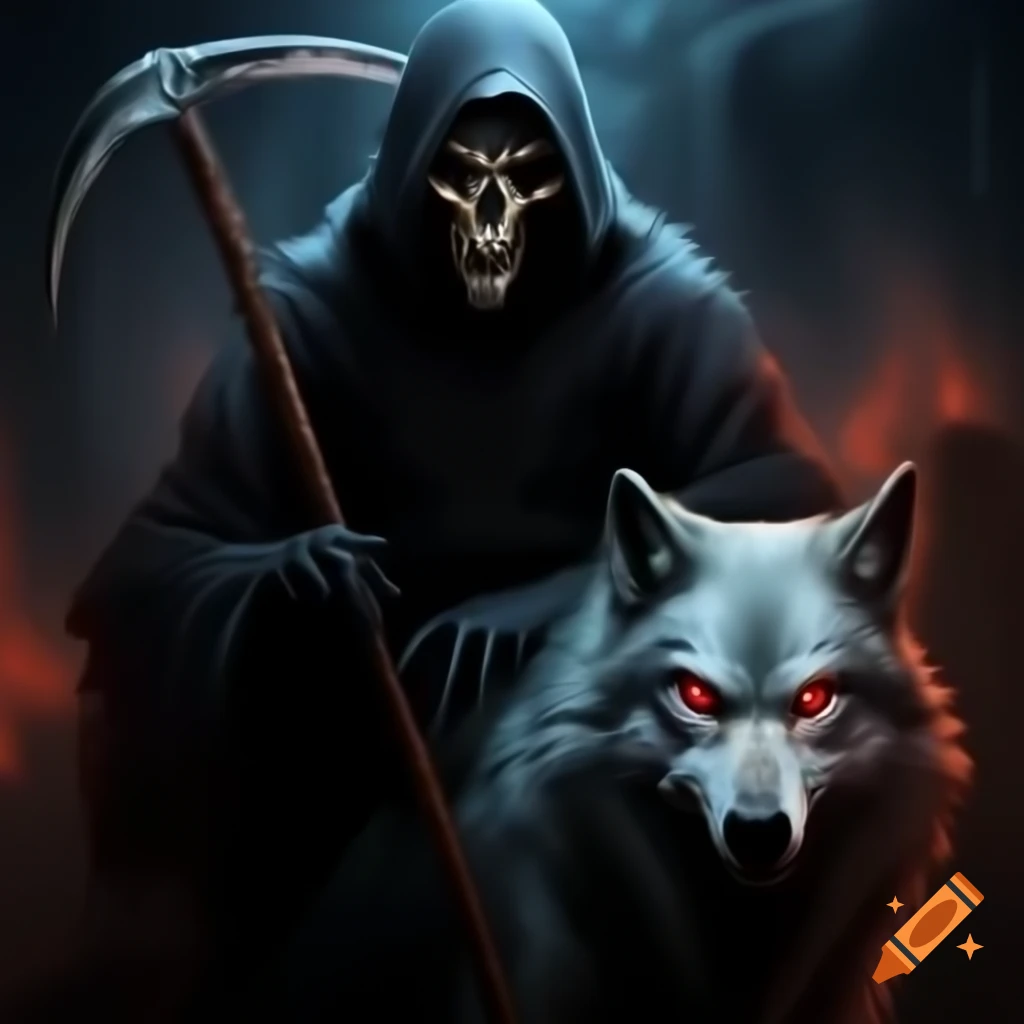 Grim reaper with scythe beside wolf with glowing red eyes on Craiyon