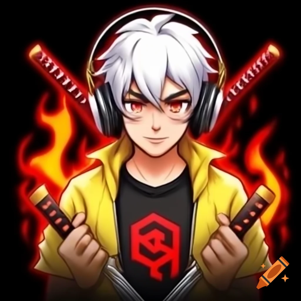 Anime logo featuring 16 year old male with white hair and headphones ...
