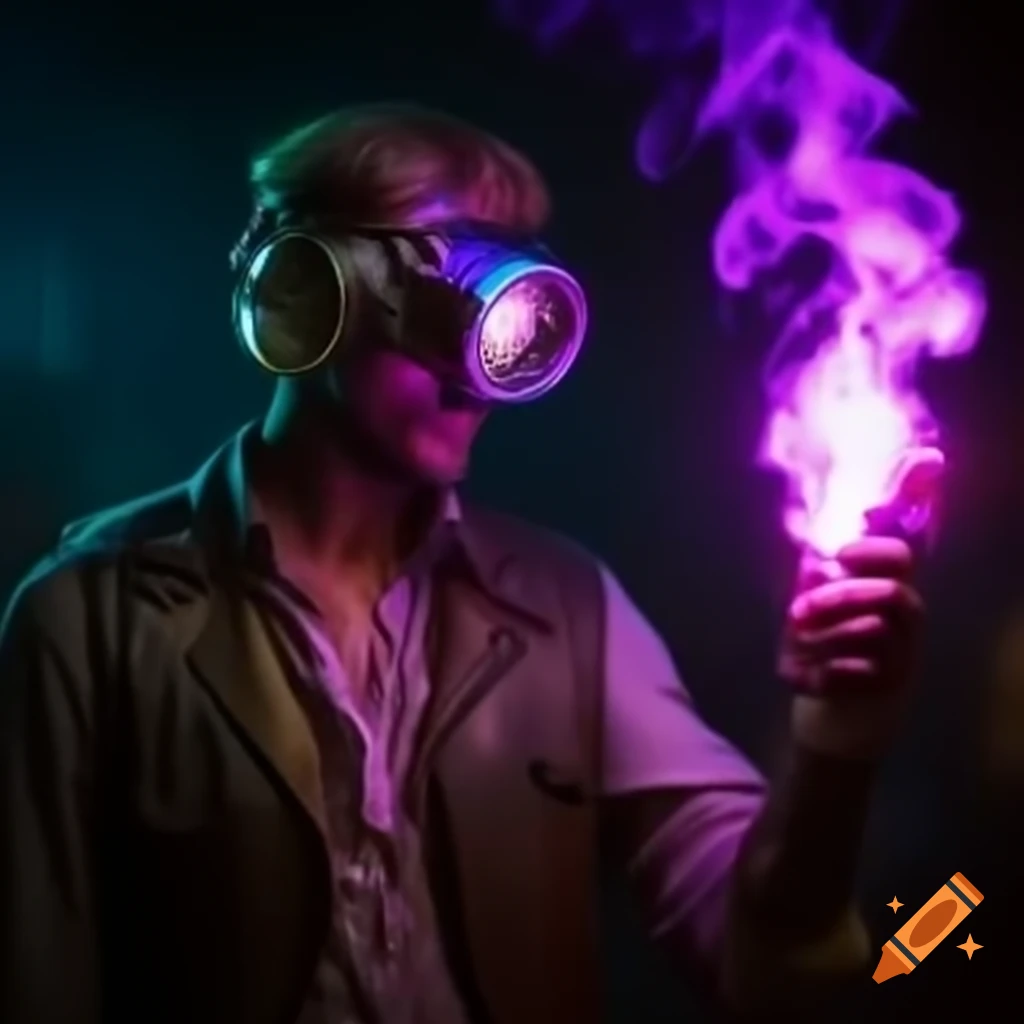 Steampunk character with goggles using plasma torch with purple and ...