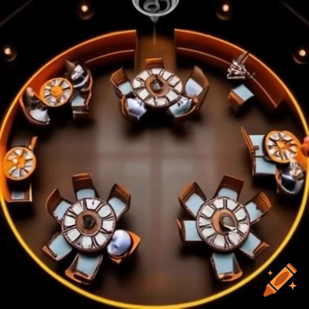 Restaurant layout featuring circular tables and a basketball hoop on ...