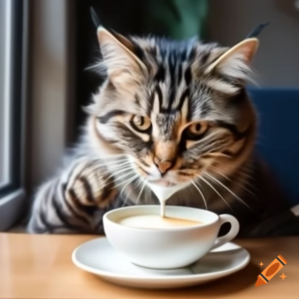 Fluffy tabby cat lapping cream from saucer, whiskers twitching on Craiyon