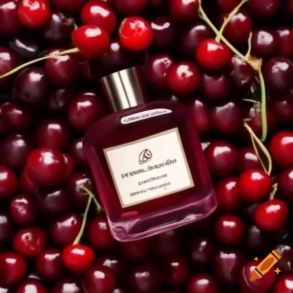 Tom Ford Lost Cherry perfume bottle surrounded by cherry berries on Craiyon