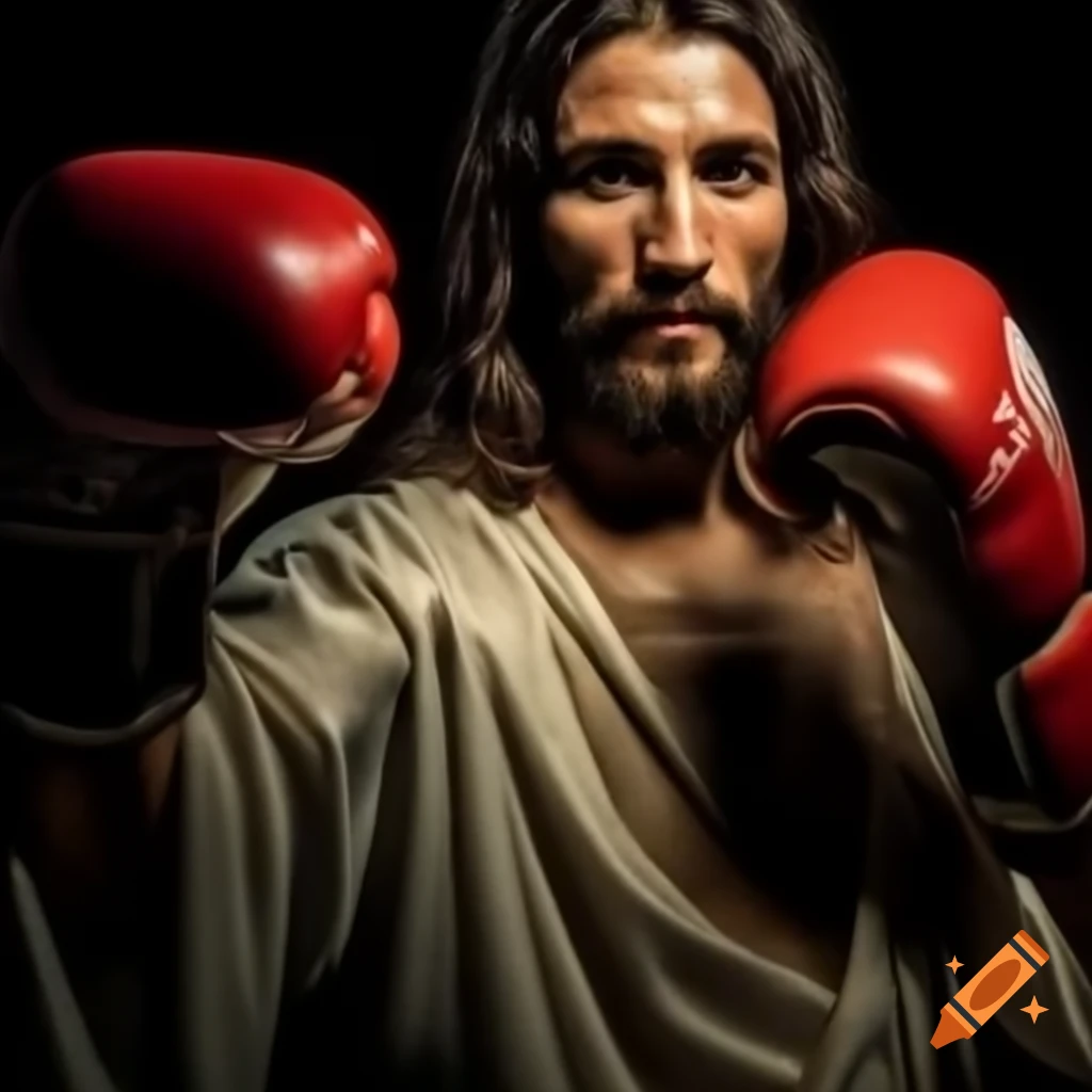 Jesus Christ wearing boxing gloves in an artistic depiction on Craiyon