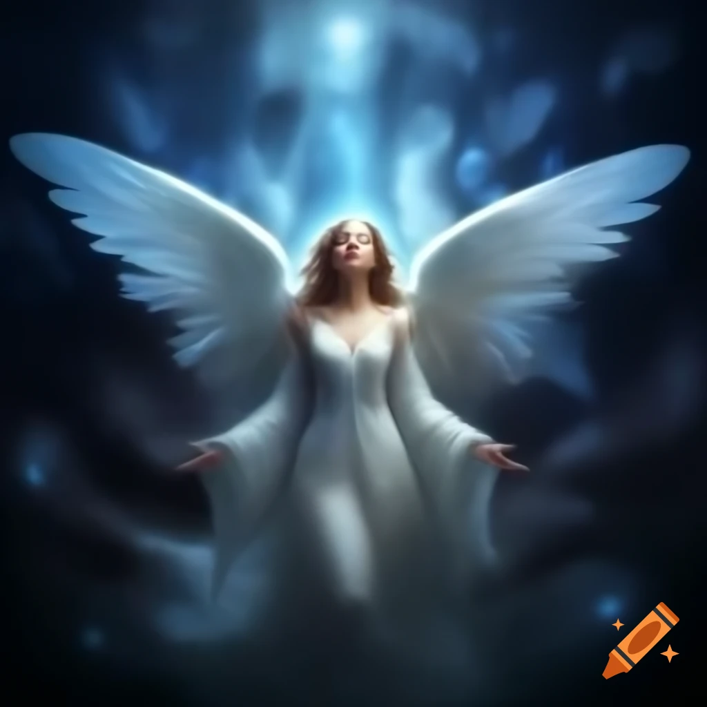 Beautiful angel with spread wings in a mystic heaven during christmas ...