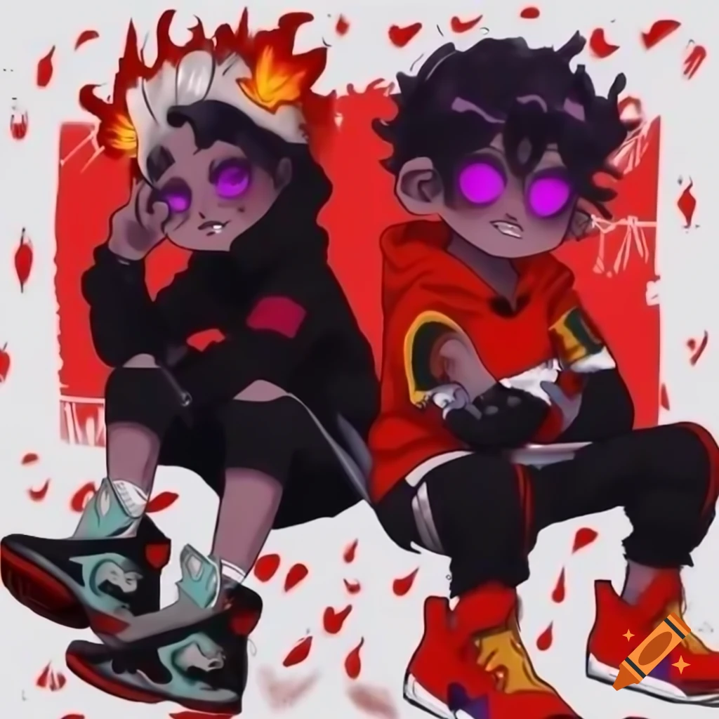 Anime-style artwork of two characters back-to-back, one in red hoodie ...