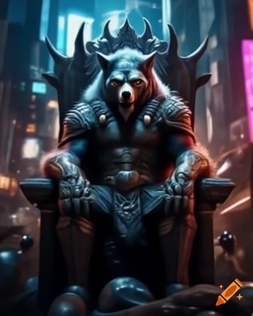 Cybernetically enhanced werewolf in viking armor on ornate throne in ...