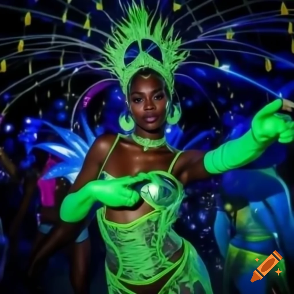 Brazilian woman in luminous Carnival costume dancing with grace on Craiyon