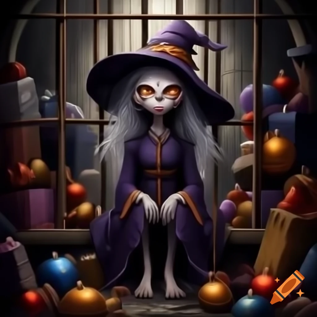 Whimsical illustration of a witch in colorful medieval prison cell on ...