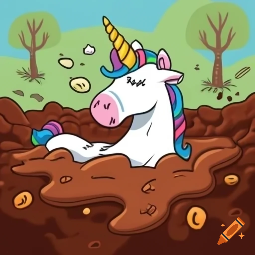 Unicorn head sinking into muddy manure in a colorful 2D drawing on Craiyon