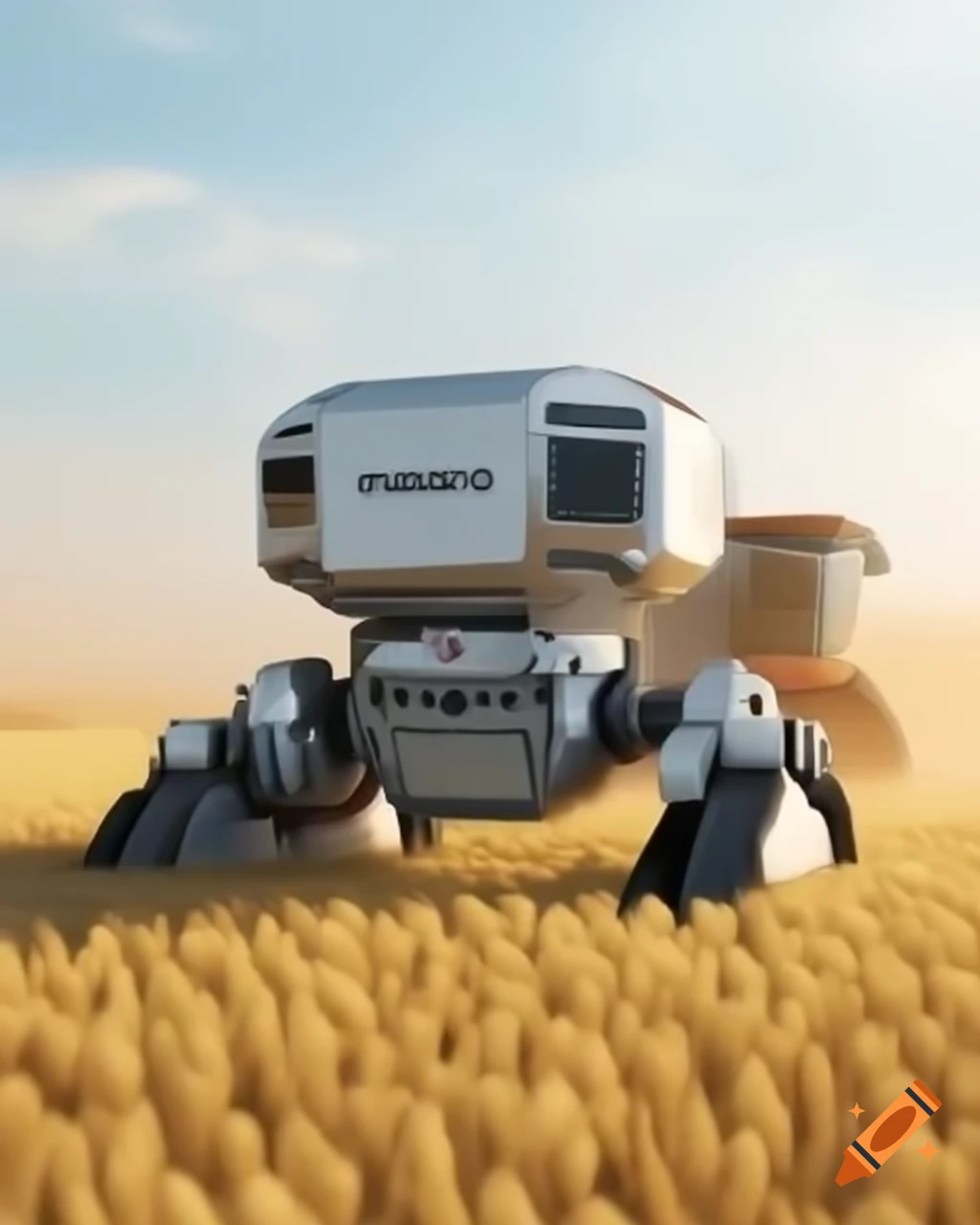 Futuristic autonomous agricultural harvesting robot in golden wheat ...