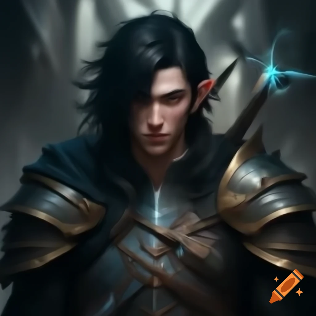 Fantasy noble warlock paladin with broken magical sword and black hair ...