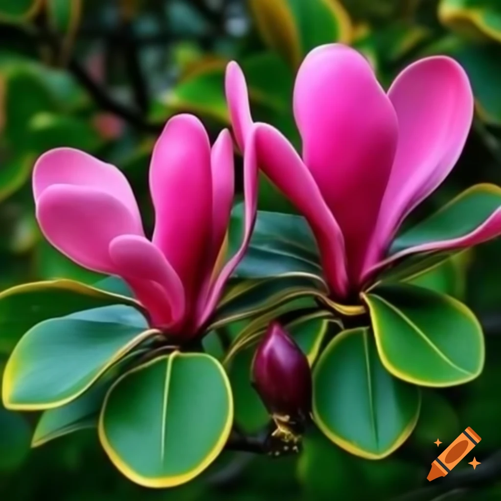 Southern magnolia tree featuring green leaves and dark ruby red flowers on Craiyon