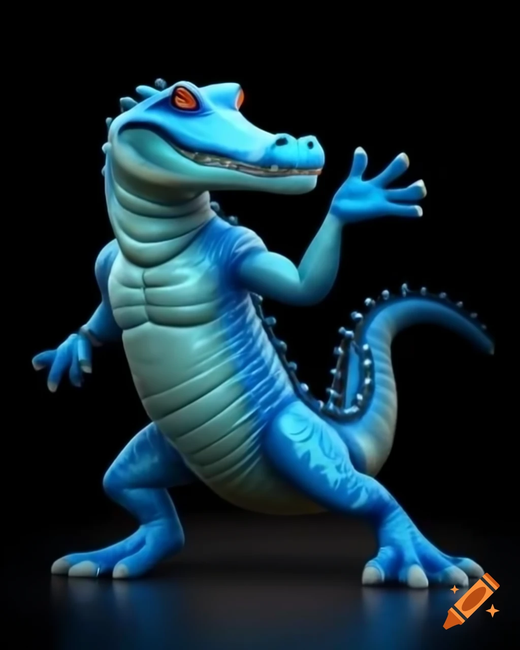 Vibrant blue and white alligator humanoid dancing with grace on Craiyon