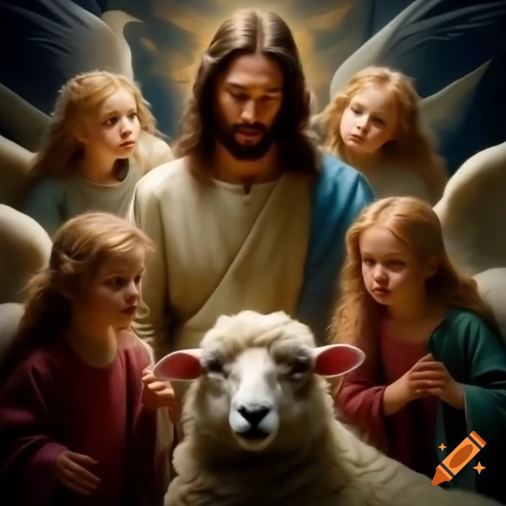 Jesus and angels saving sheep in heaven, detailed HD on Craiyon