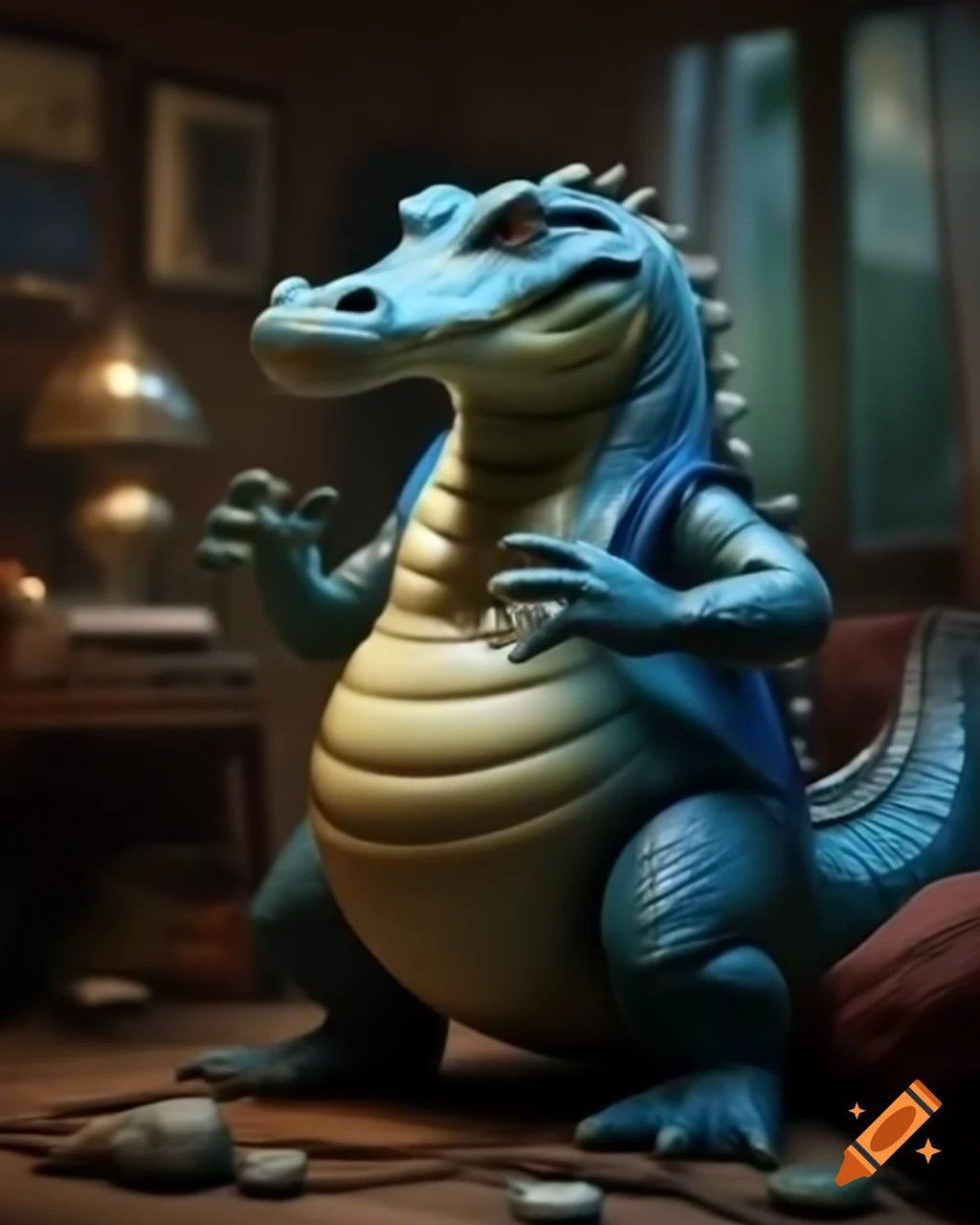 Bulky humanoid blue and white alligator character on Craiyon