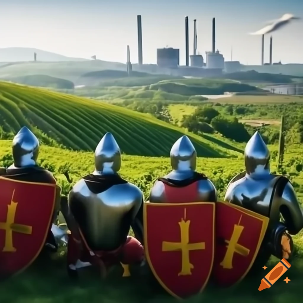 Medieval Croatian knights sitting in vineyards overlooking oil refinery ...