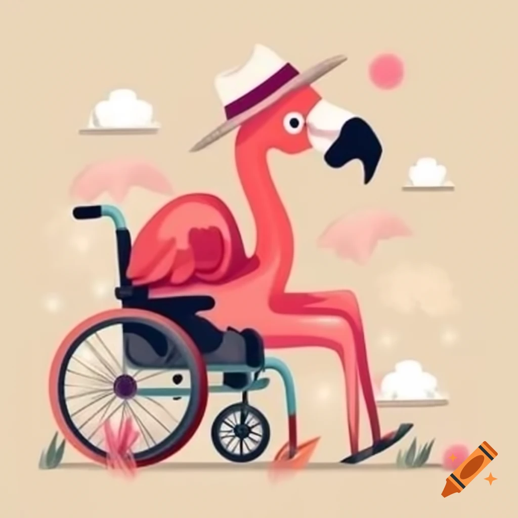 Flamingo in wheelchair wearing summer hat, symbolizing classy vacation ...