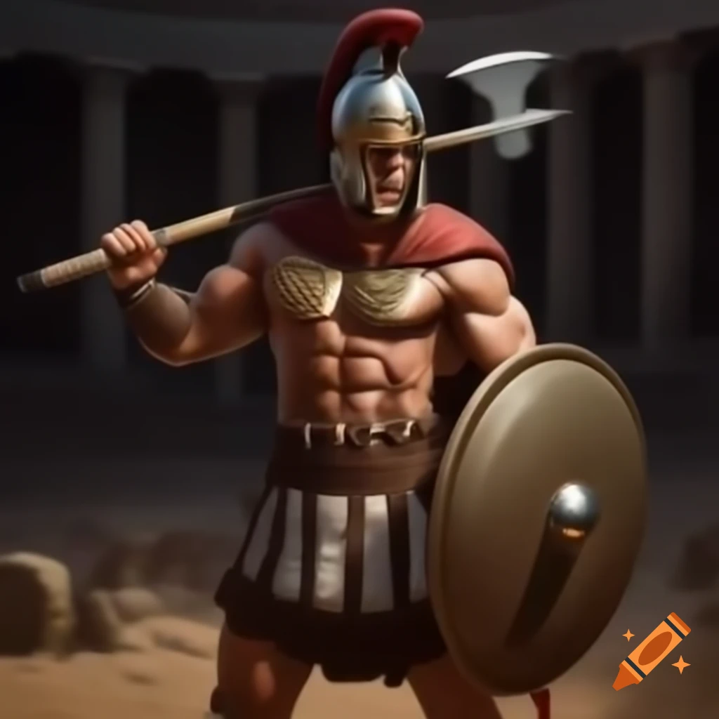 Byzantine warrior in sand-swept arena holding battle-axe on Craiyon