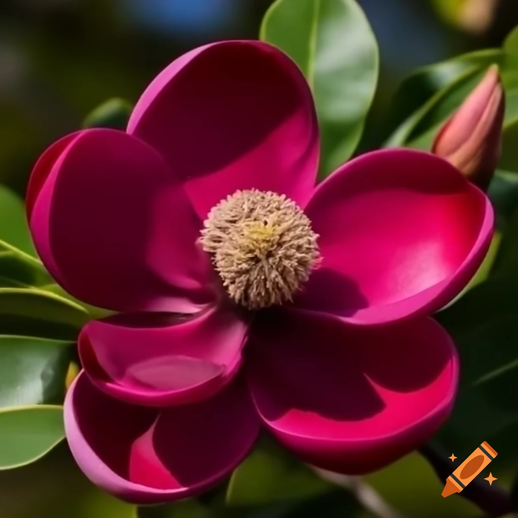 Closeup of dark ruby-red Southern magnolia flower on Craiyon