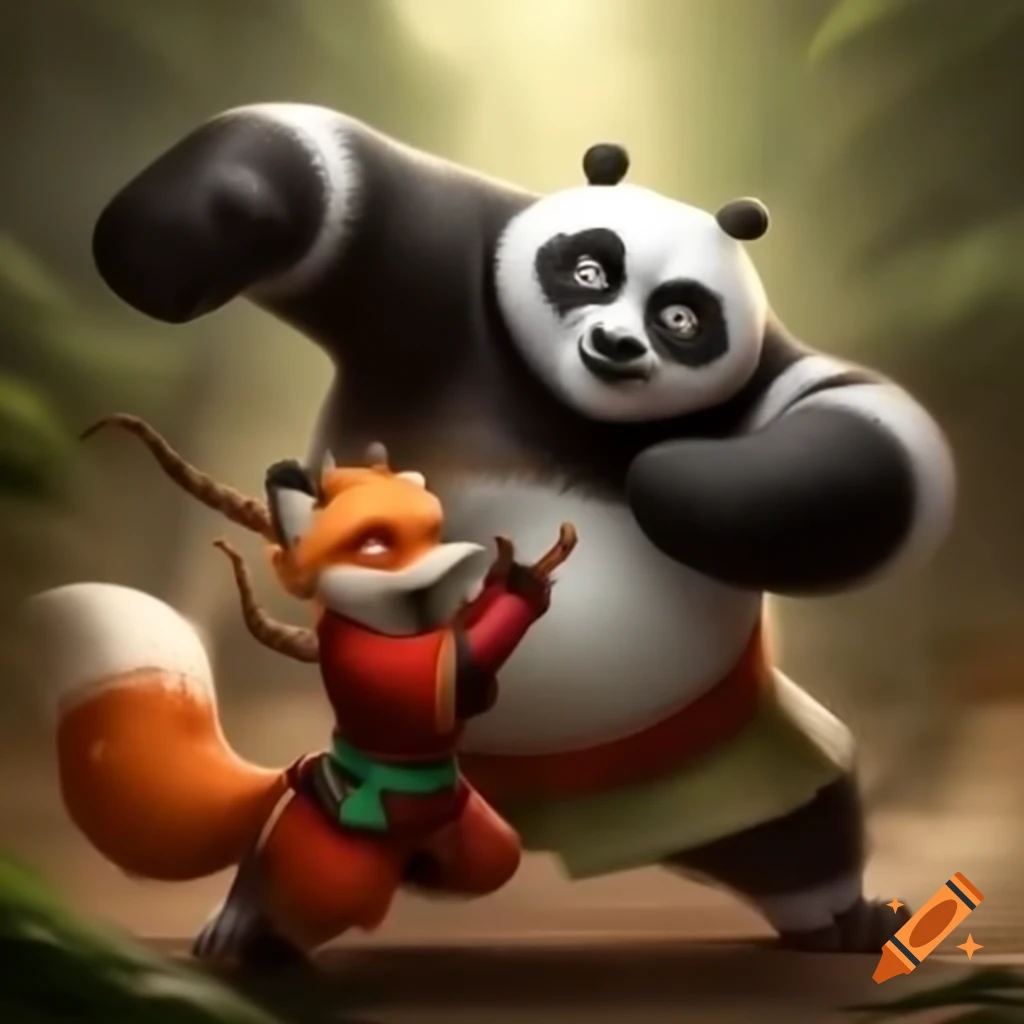 Silver fox and Kung Fu panda battling orange fox and snake on Craiyon