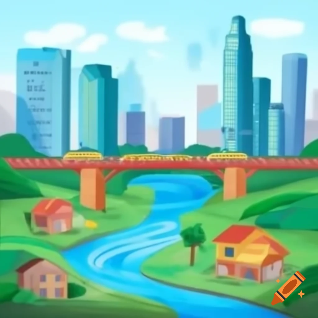 City divided by shallow ravine with bridge and train tracks ...