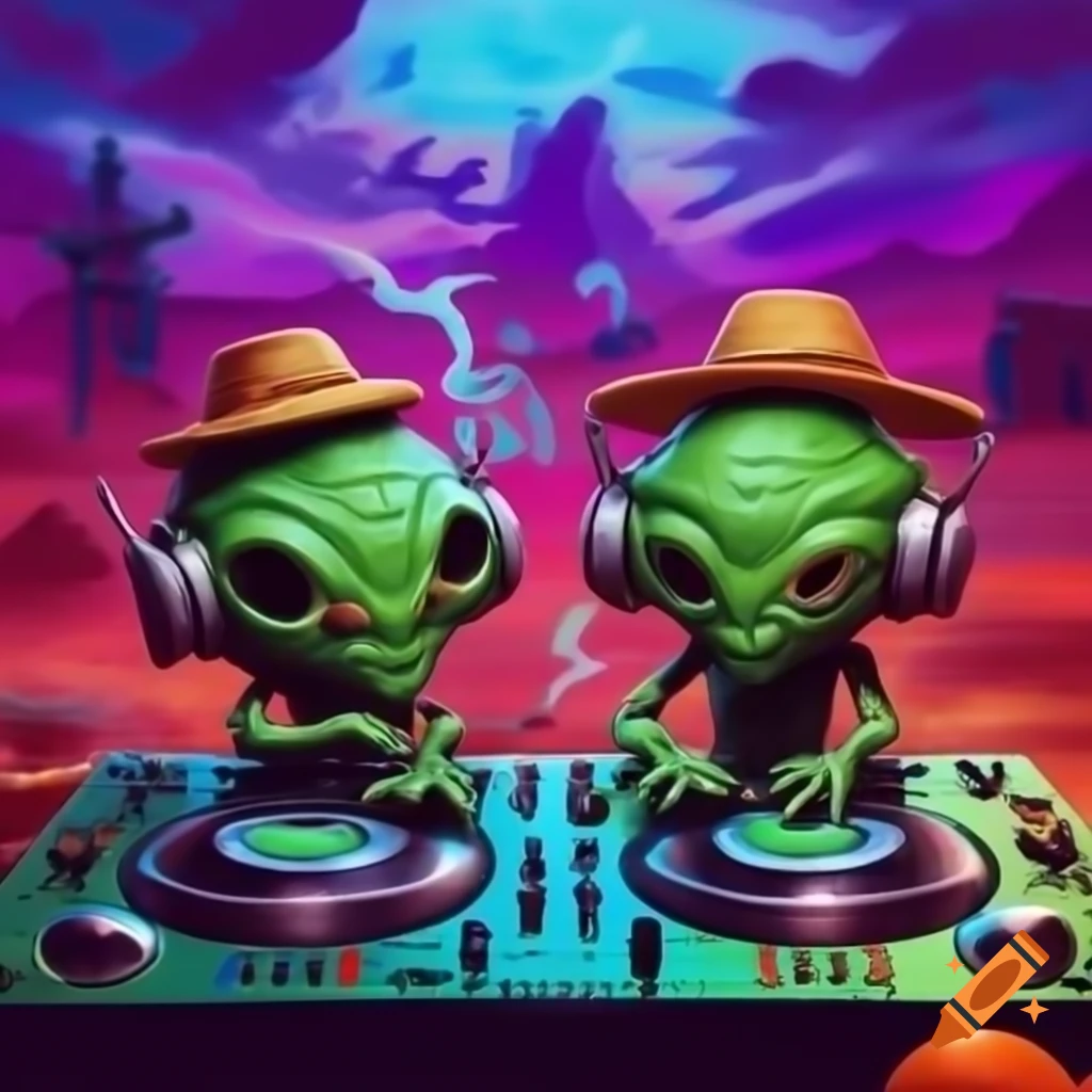 Two cyborg alien DJs with straw hats in psychedelic post-apocalyptic ...