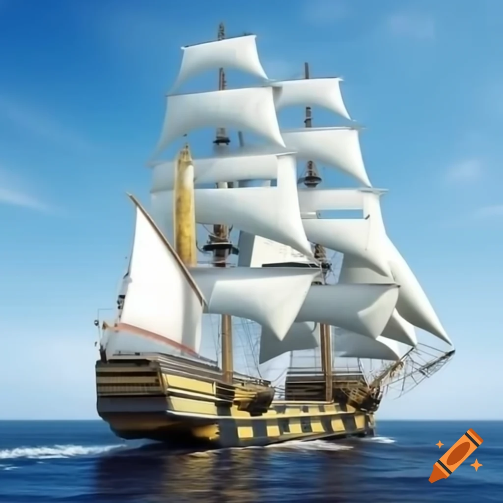 Large wind-powered sea ship with inactive sails on Craiyon