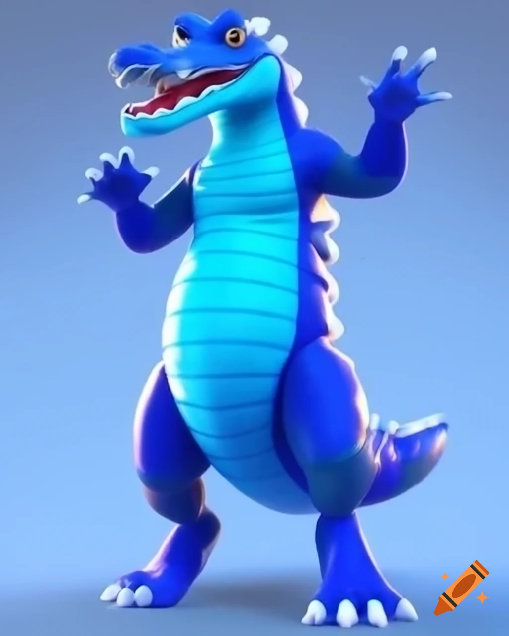 Vibrant blue and white alligator humanoid dancing gracefully on Craiyon