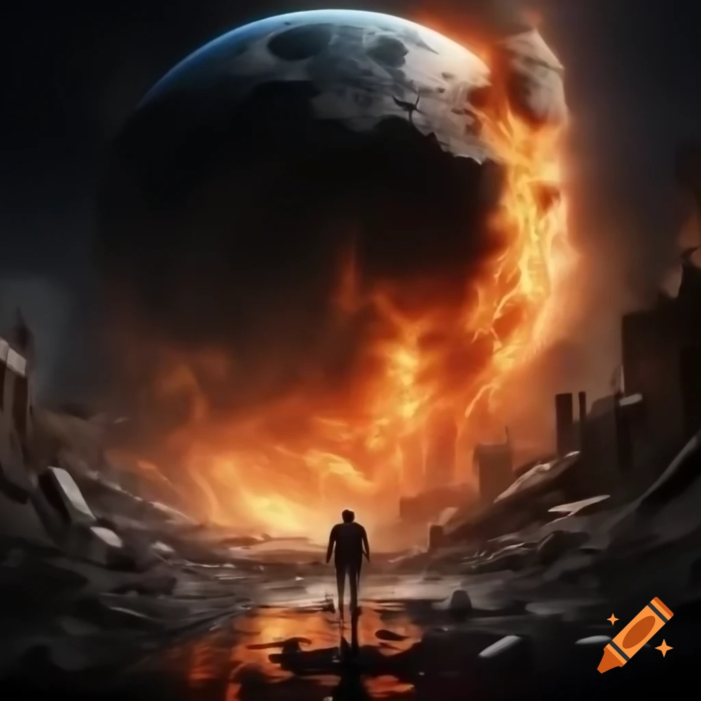 Dramatic scene of earth engulfed in flames with a laughing stranger on ...