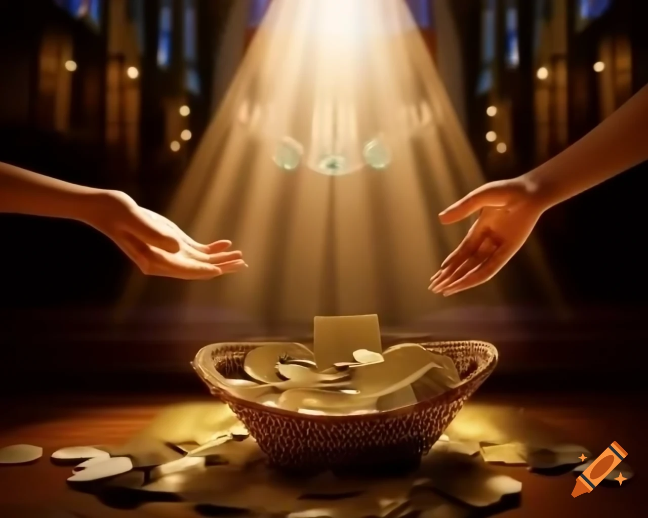Offering basket overflowing with coins and bills, hands reaching ...