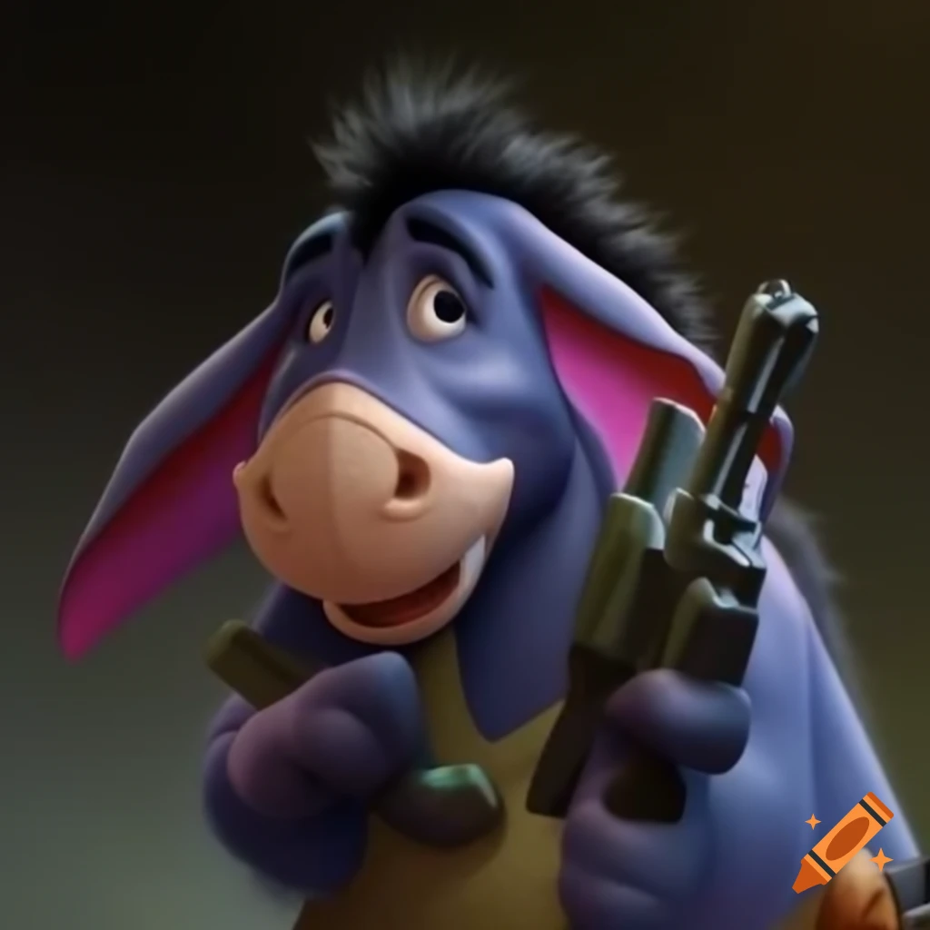 Eeyore character holding submachine gun in a surreal context on Craiyon