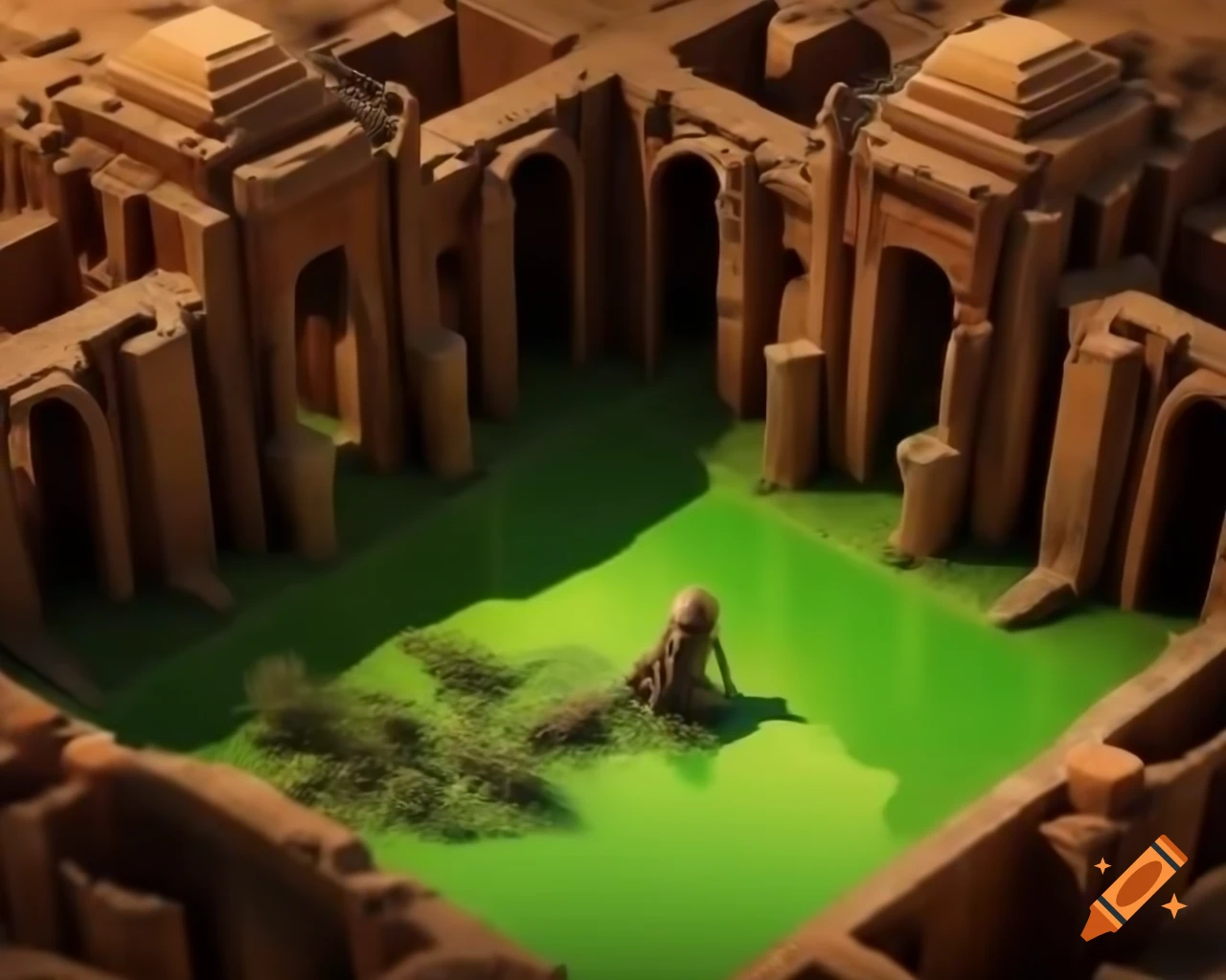 Panoramic view of desert ruin with green oasis, ancient humans, and ...