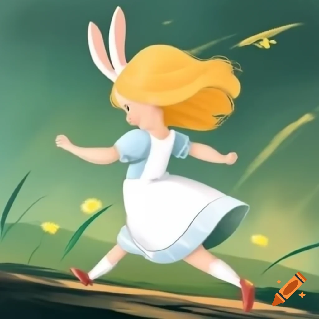 Alice chasing a white rabbit in a whimsical setting on Craiyon