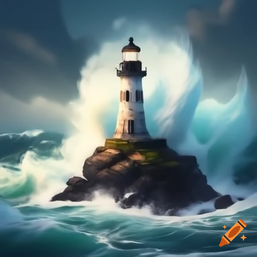 Lighthouse on rock with crashing waves and tulips at the base on Craiyon