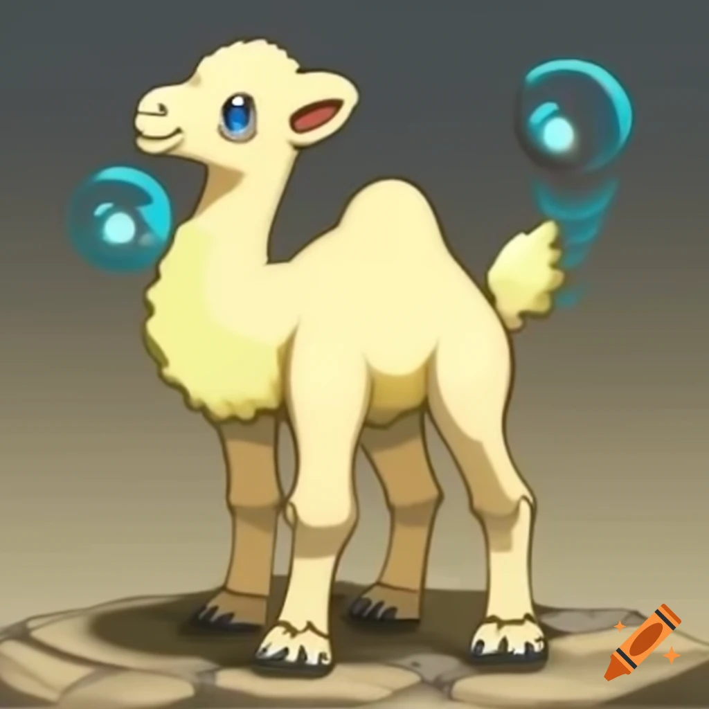 Two-legged raptor camel hybrid pokémon with cream yellow fur standing ...