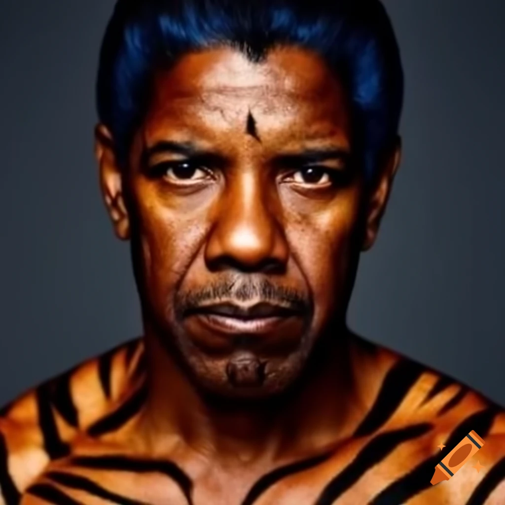 Muscular man with tiger-style makeup and colorful hair on Craiyon