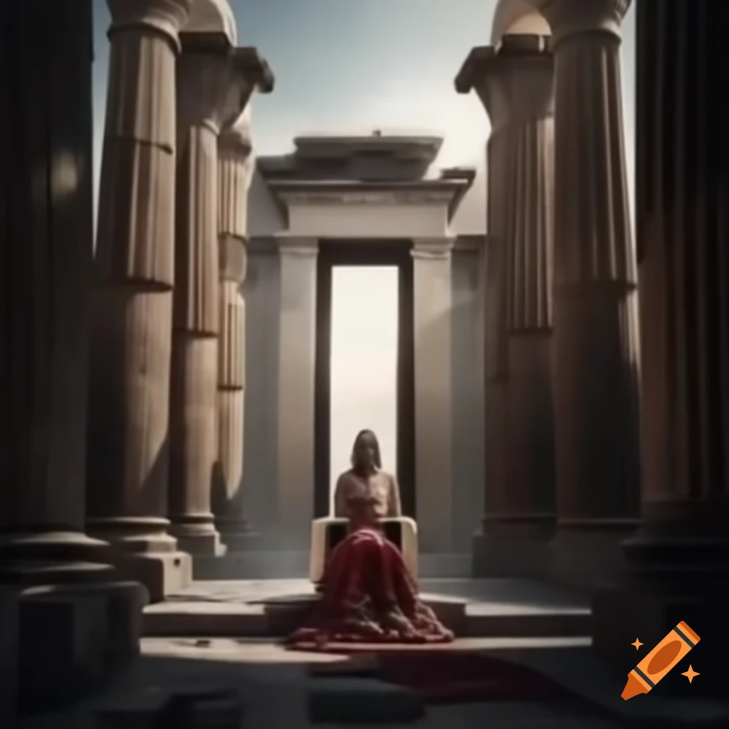 Queen Dido of Carthage entering temple and sitting on throne on Craiyon