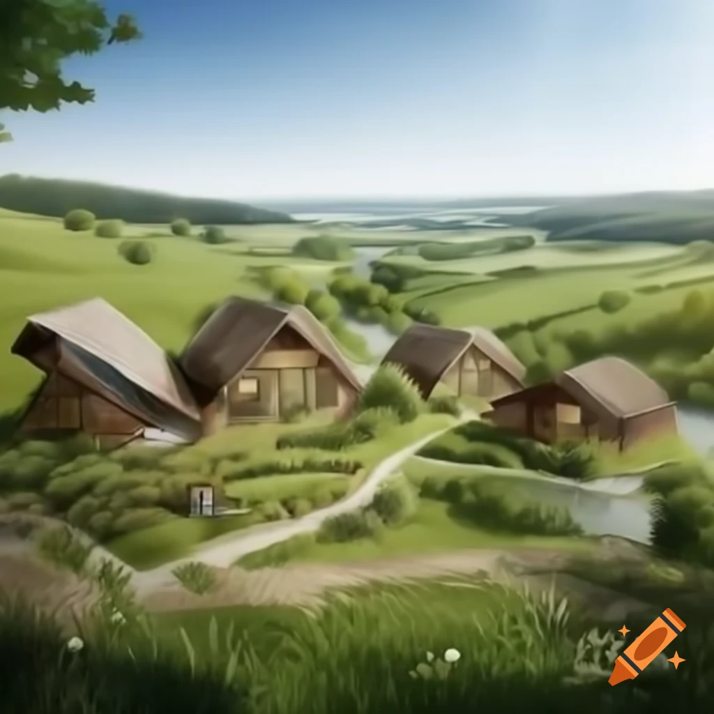 Futuristic sustainable rural community in lush valley with natural ...