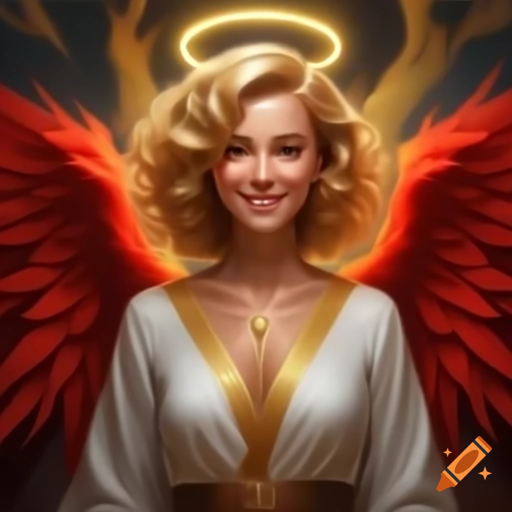 Angel woman with red wings and golden halo, holding a sword, in white ...
