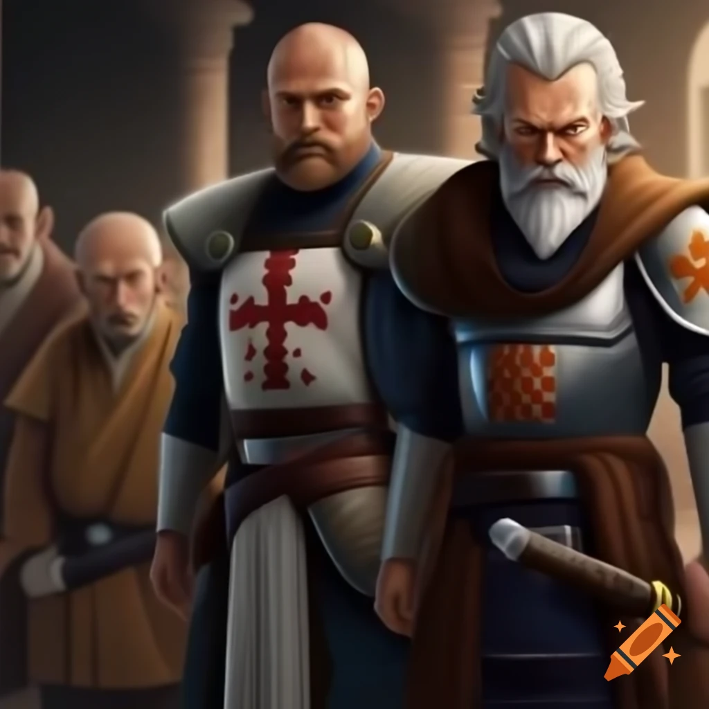 Fusion character of Templar knight in Saiyan armor with sword, inspired by Obi-Wan Kenobi on Craiyon