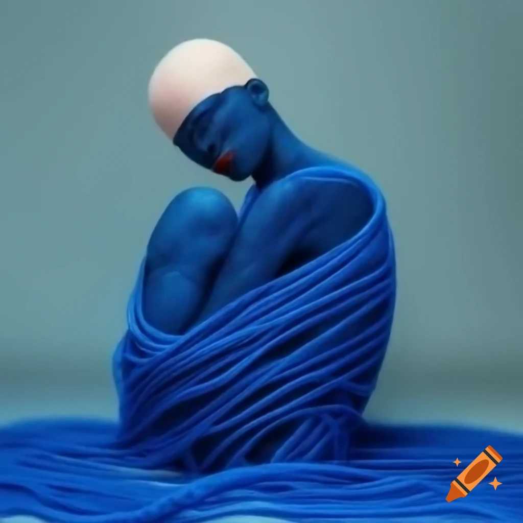 Human figure crafted from blue string yarn seated and gazing sideways ...