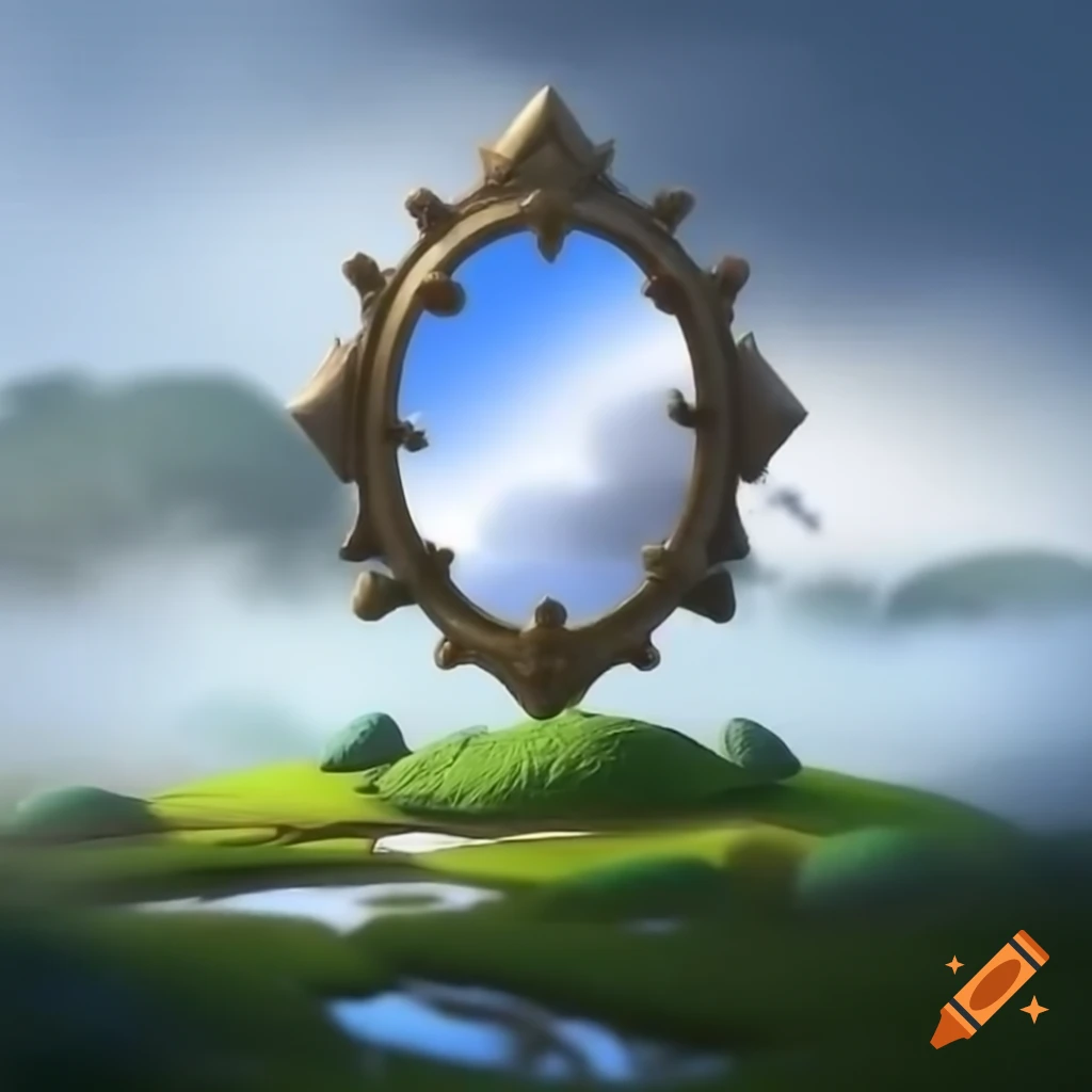 Magical mirror surrounded by mist on a small hill in daylight with ...