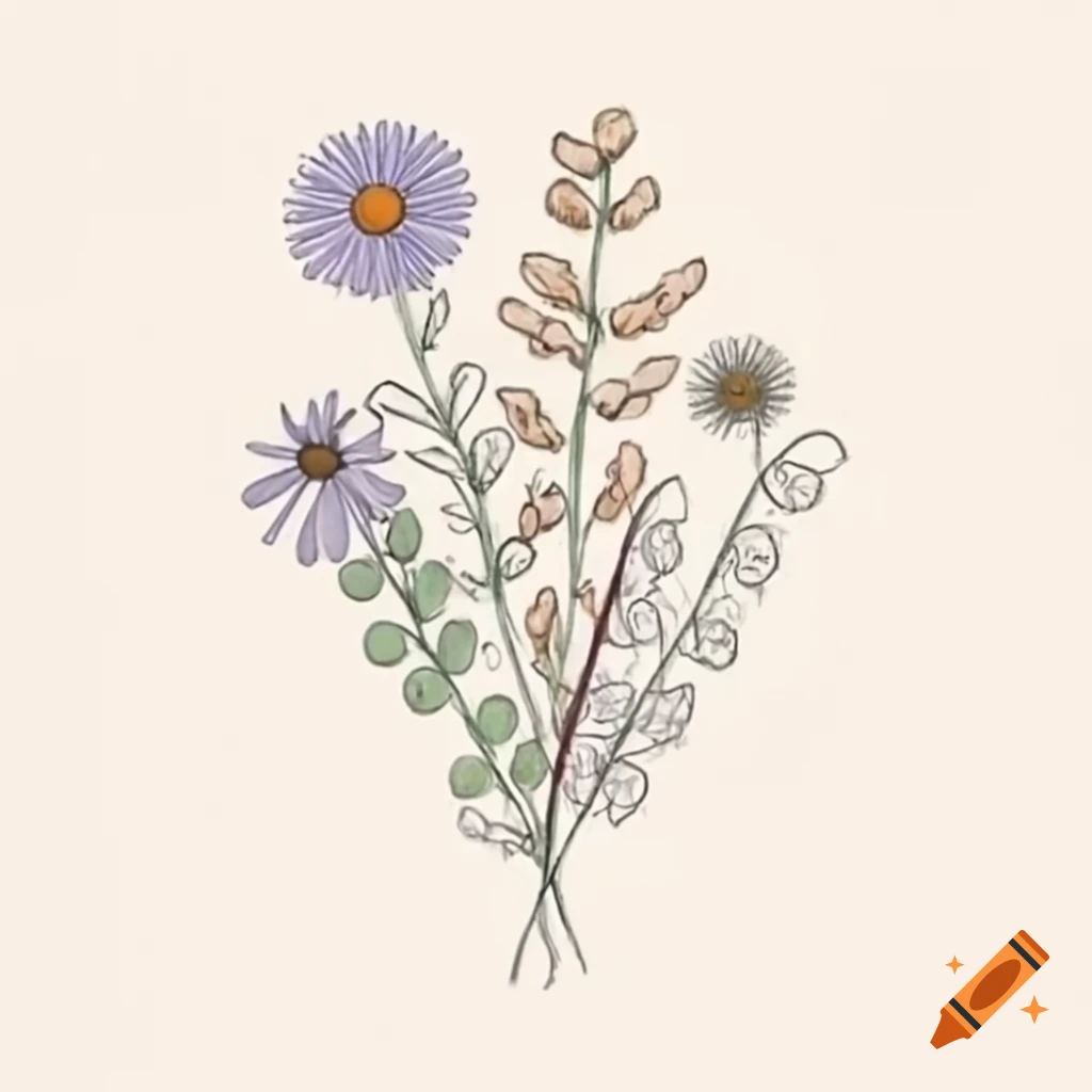 Minimalistic fine line drawing of a flower bouquet with sweet pea ...